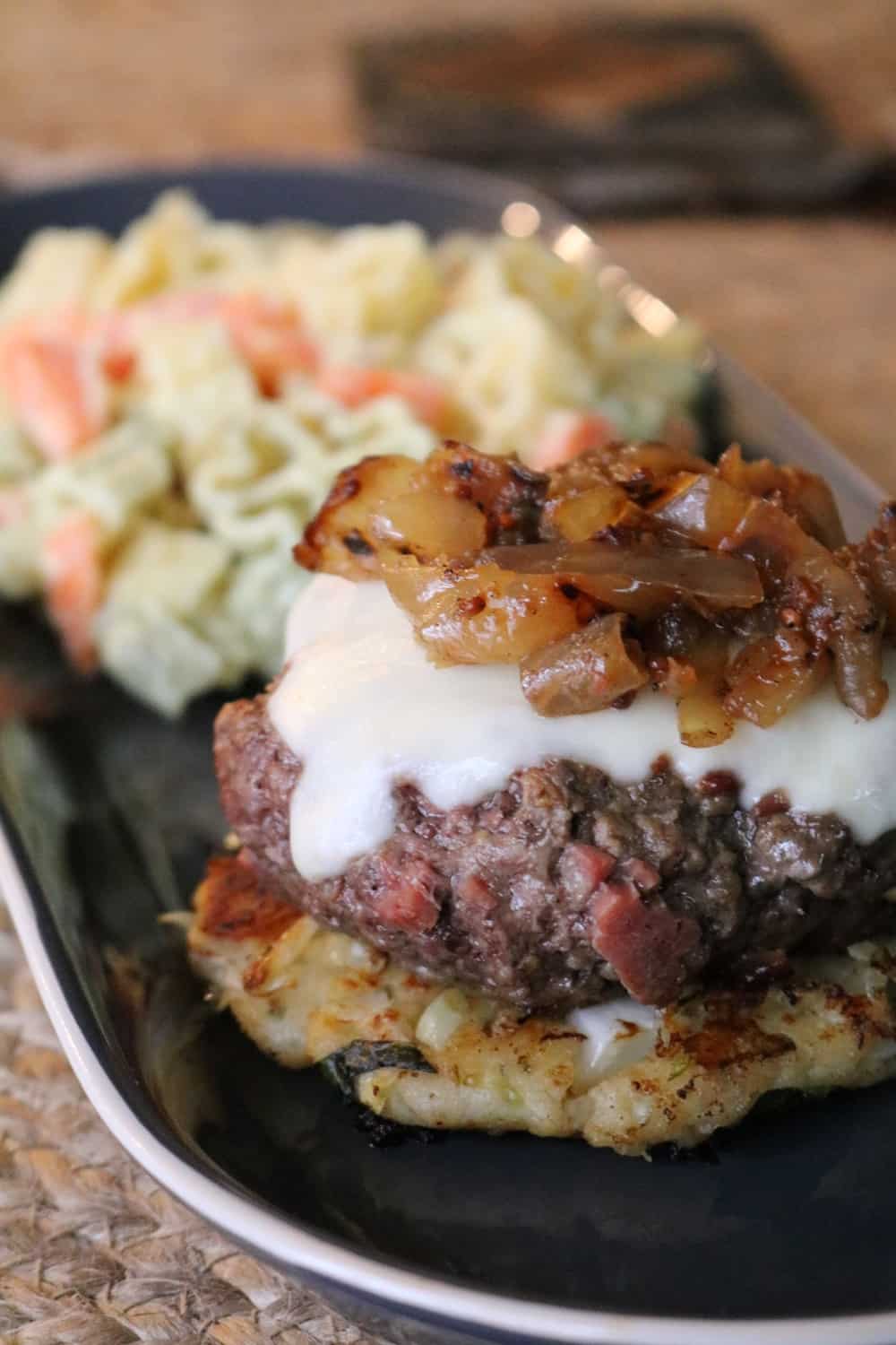 Corned Beef Burgers with Cabbage-Potato Cakes & Whiskey Caramelized Onions